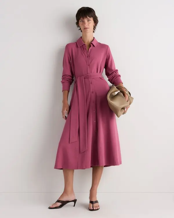 Quince Tencel Modal Knit Midi Shirt Dress With Belt - Faded Maroon