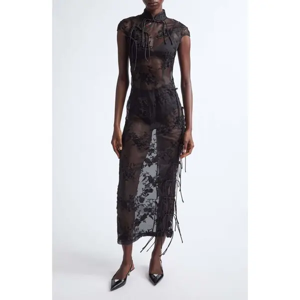 KIM SHUI Floral Embroidered Silk Organza Qipao Dress - Black