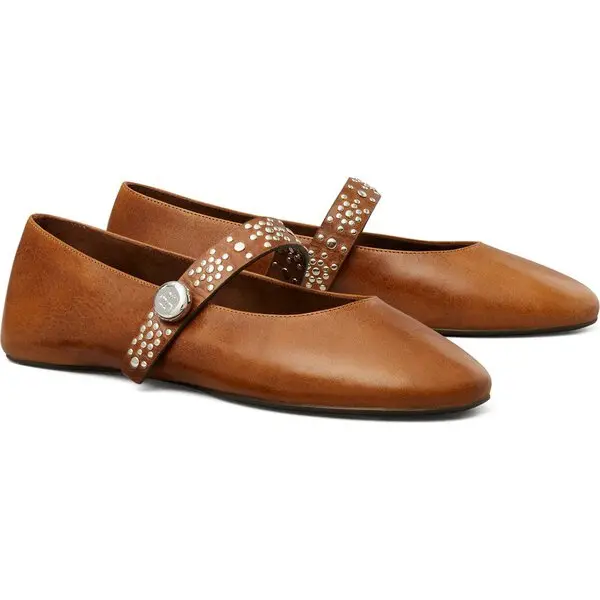 Tory Burch Romy Stud Leather Mary Jane Flat - Cognac