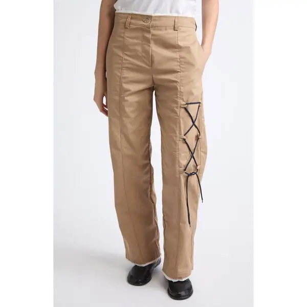 KUR Wide Leg Cotton Pants With Shoestring Detail - Beige