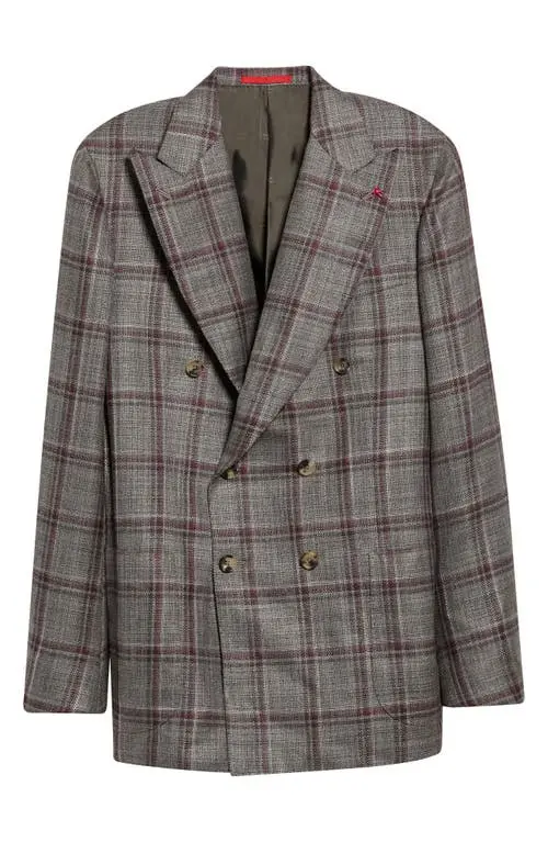 Isaia Overcheck Matte Effect Double Breasted Wool & Silk Jacket