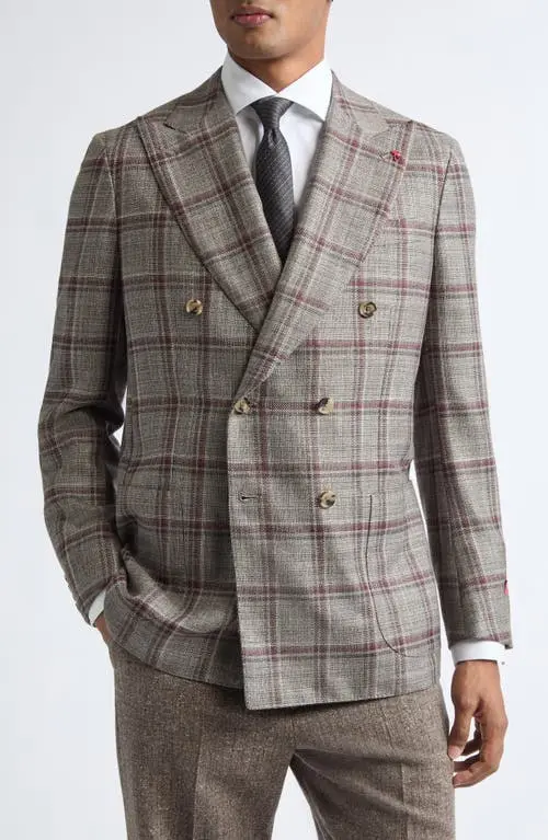 Isaia Overcheck Matte Effect Double Breasted Wool & Silk Jacket - Medium Brown 400