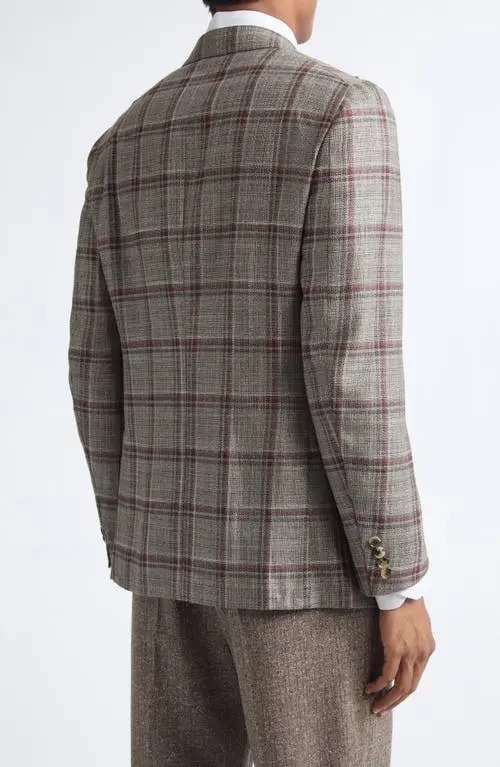 Isaia Overcheck Matte Effect Double Breasted Wool & Silk Jacket