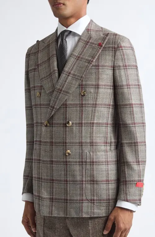 Isaia Overcheck Matte Effect Double Breasted Wool & Silk Jacket