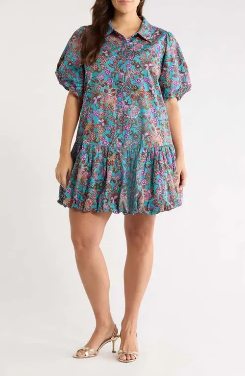 SUGARLIPS Printed Puff Sleeve Shirtdress - Teal Multi