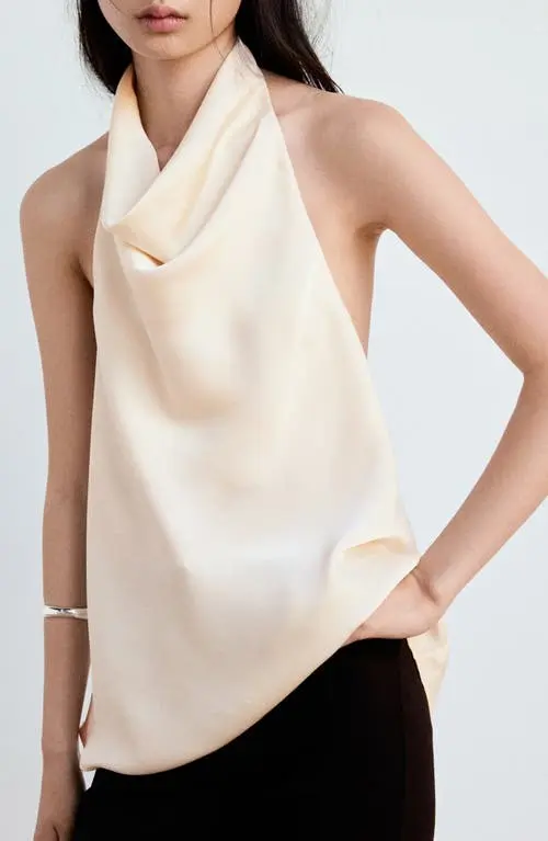 Mango Satin Cowl Halter Top - Ecru