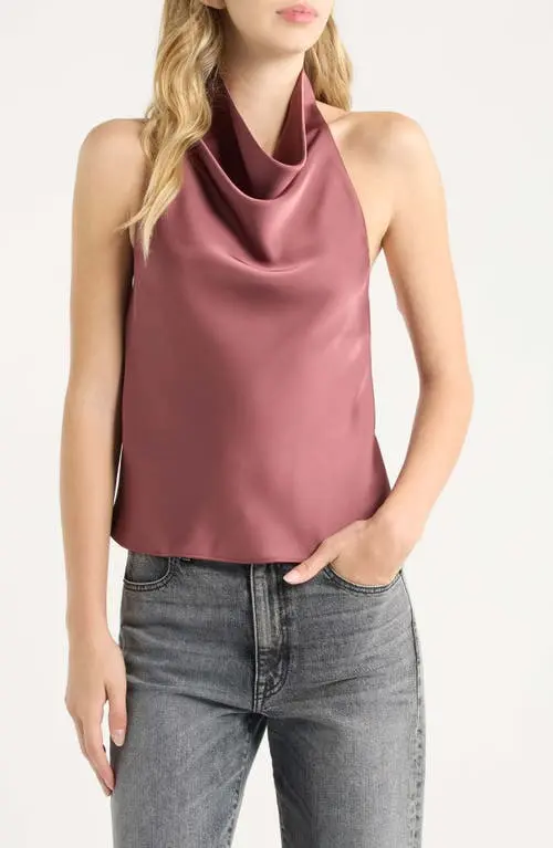 Mango Satin Cowl Halter Top With Open Back - Plum