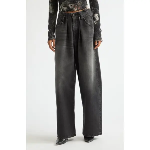 R13 Pleated Waistband Wide Leg Jeans - Wilson Black