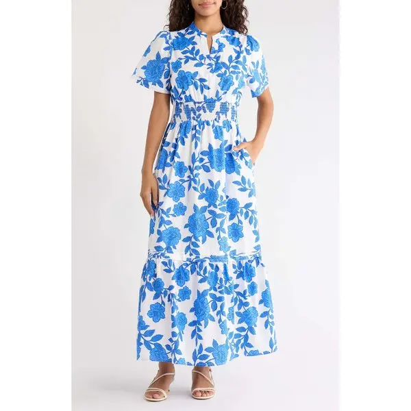 SUGARLIPS Floral Print Poplin Maxi Dress - White-blue-multi