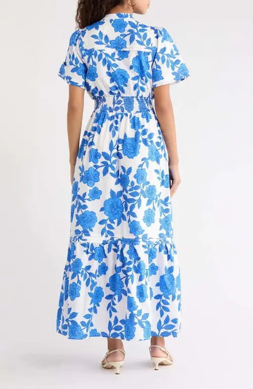 SUGARLIPS Floral Print Poplin Maxi Dress - White-blue-multi