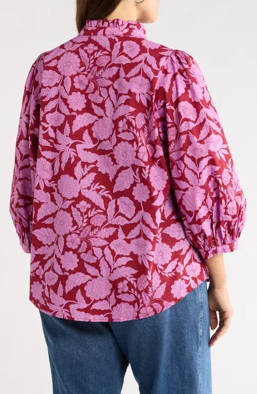 SUGARLIPS Floral Puff Sleeve Button-up Top