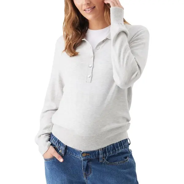 RIPE MATERNITY Piper Polo Nursing Knit Sweater - Silver Marle