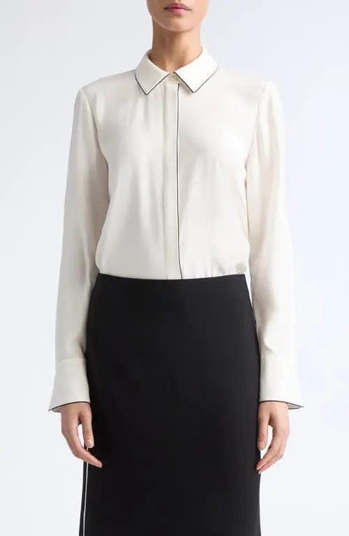 Lafayette 148 New York Scottie Contrast Piping Silk Button-up Shirt - Cloud