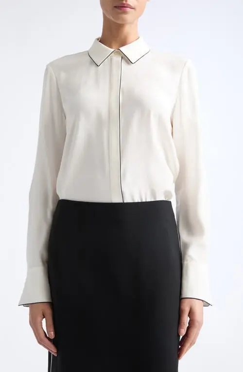 Lafayette 148 New York Scottie Contrast Piping Silk Button-up Shirt