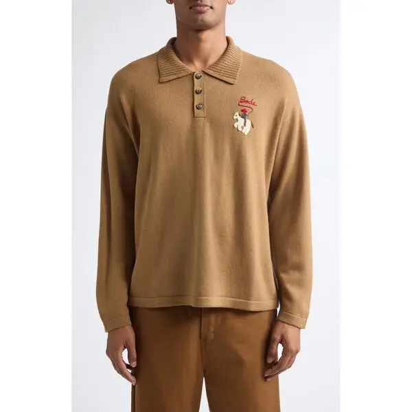 BODE Merino Wool Appliqué Polo Sweater - Tan