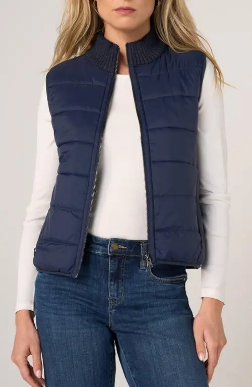 LIVERPOOL Reversible Quilted Vest With Cable-knit Detail - Heather Navy