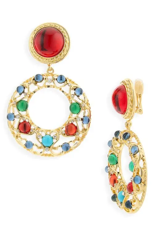 KENNETH JAY LANE Cabochon Crystal Drop Hoop Earrings - Gold