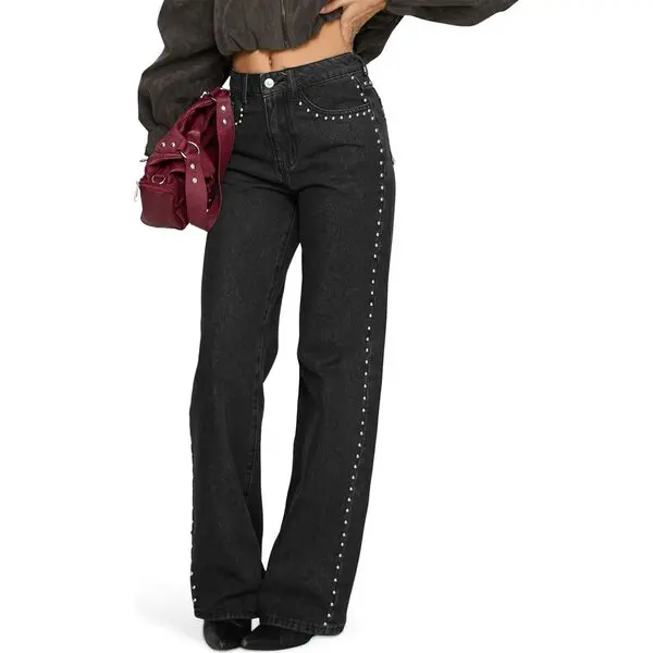 Princess Polly Saving Up Studded Mid Rise Straight Leg Jeans - Jet Black