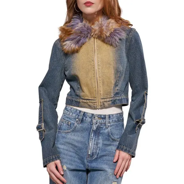 AZALEA WANG Coralyn Denim Jacket With Faux Fur Collar - Denim Multi