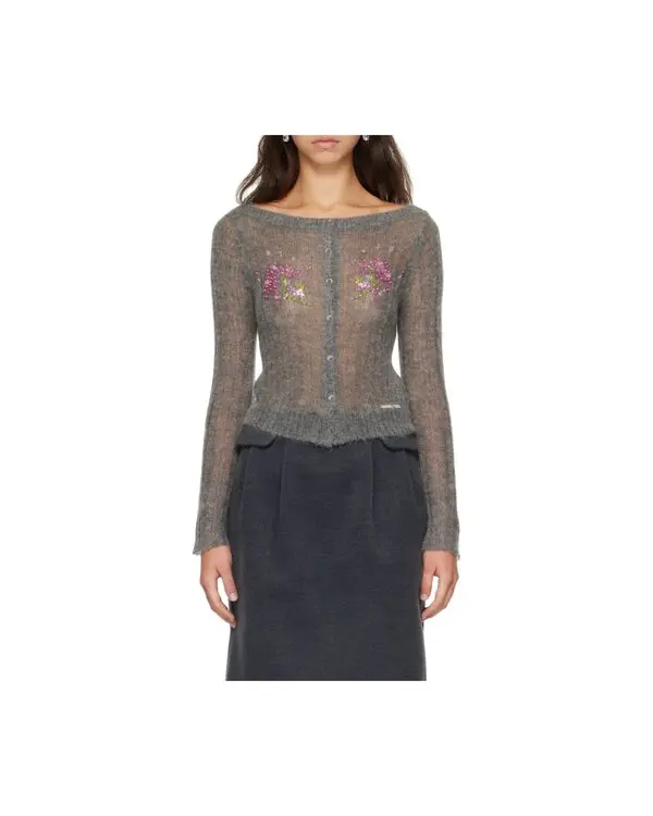 SHUSHU/TONG Long-sleeve Open-front Cardigan With Floral Embellishments - Grey