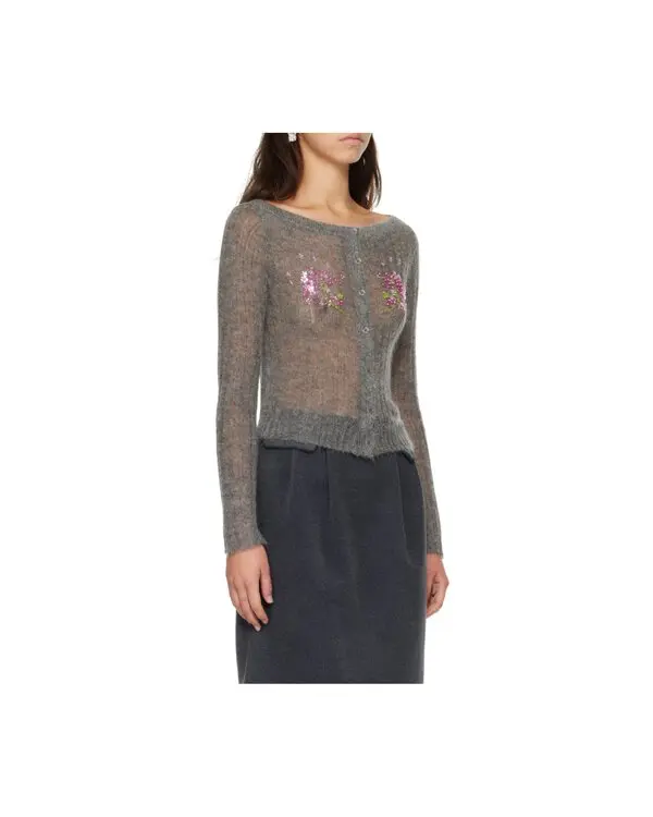 SHUSHU/TONG Long-sleeve Open-front Cardigan With Floral Embellishments - Grey