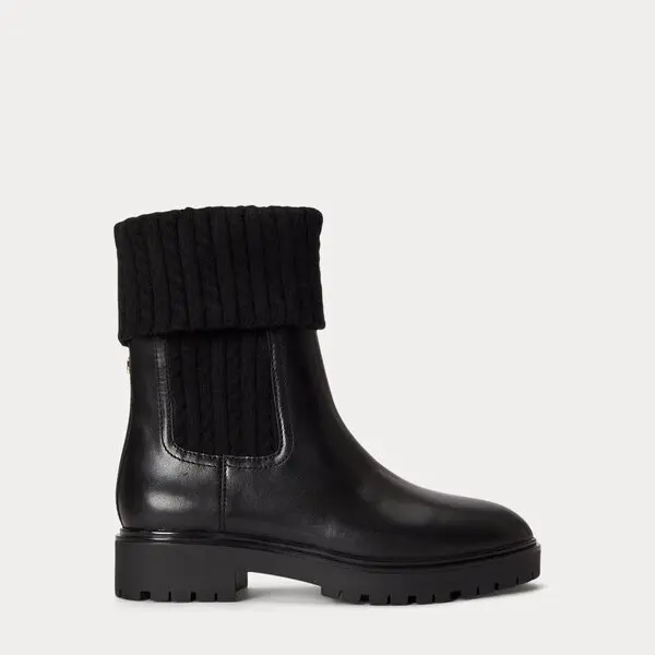 Ralph Lauren Allyson Cable-knit & Calfskin Bootie - Black