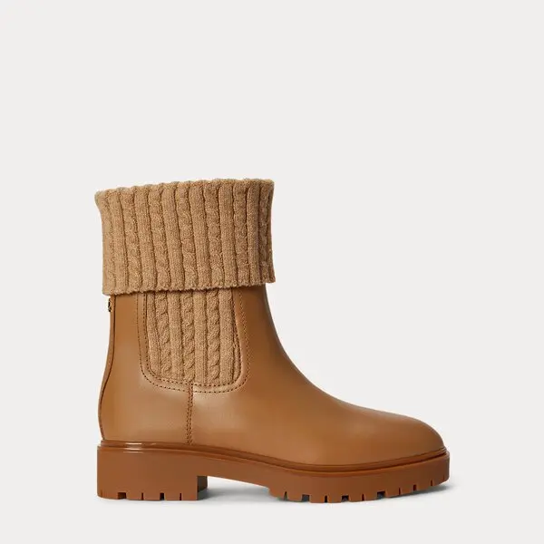 Ralph Lauren Allyson Cable-knit & Calfskin Bootie - Camel/camel