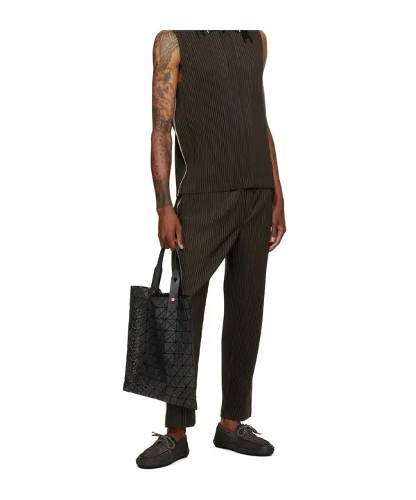 Issey Miyake Pleated Straight-leg Trousers With Embroidered Stripe - Gray-brown