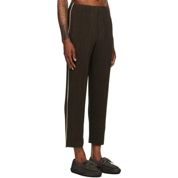 Issey Miyake Pleated Straight-leg Trousers With Embroidered Stripe - Gray-brown