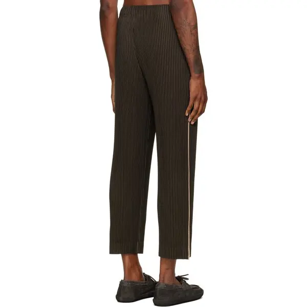 Issey Miyake Pleated Straight-leg Trousers With Embroidered Stripe - Gray-brown