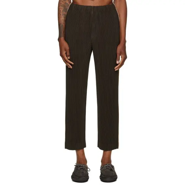 Issey Miyake Pleated Straight-leg Trousers With Embroidered Stripe - Gray-brown