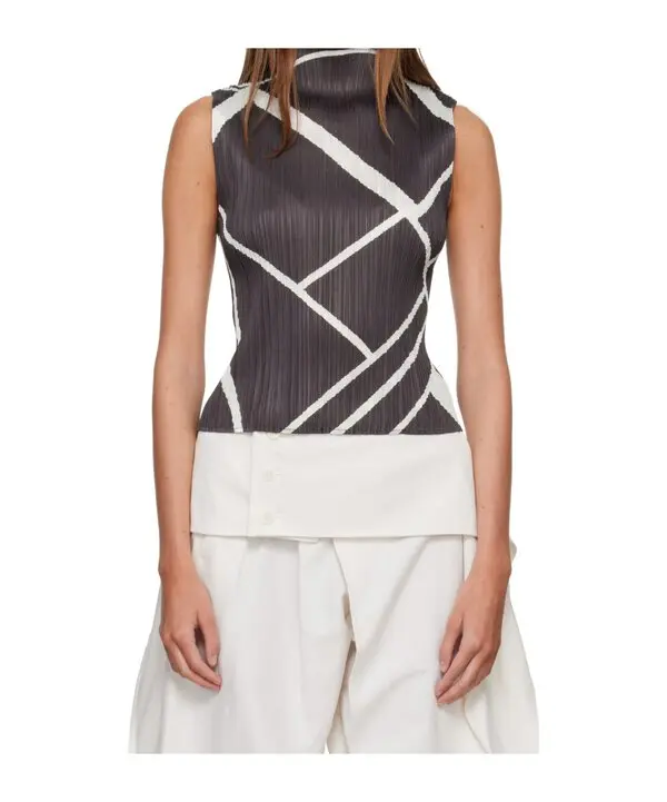 Issey Miyake Sleeveless High Neck Geometric Top - Charcoal-grey
