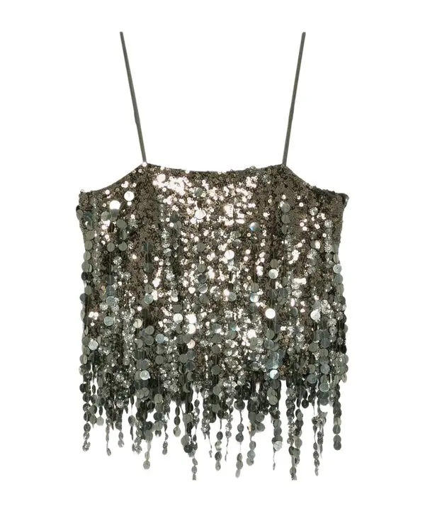 Blumarine Sequined Halter Top With Fringe Embellishment - Green