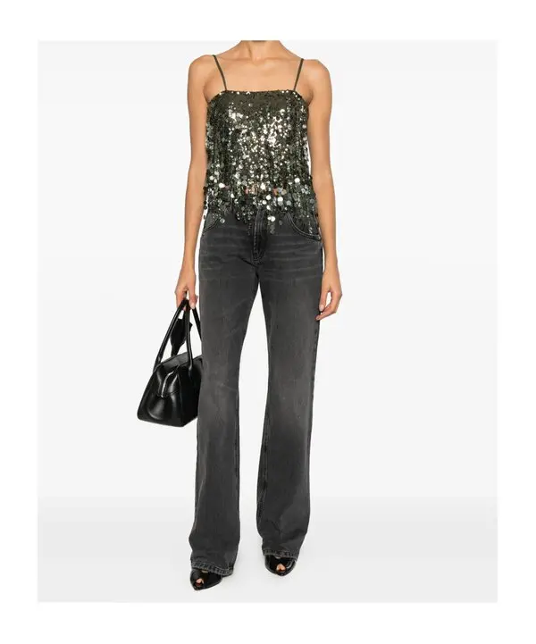 Blumarine Sequined Halter Top With Fringe Embellishment - Green