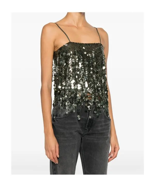 Blumarine Sequined Halter Top With Fringe Embellishment - Green