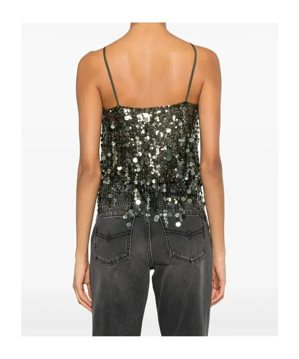 Blumarine Sequined Halter Top With Fringe Embellishment - Green