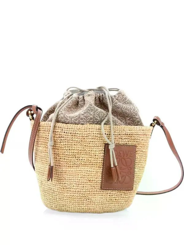 Loewe Pochette Crossbody Bag Woven Raffia And Leather With Anagram Jacquard Bucket Bag - Neutrals