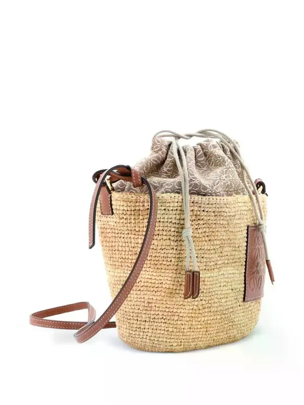 Loewe Woven Raffia And Leather Anagram Jacquard Bucket Bag - Neutrals