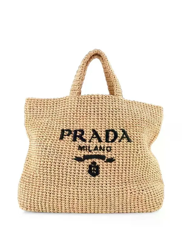 Prada Logo Raffia Large Tote Bag - Neutrals