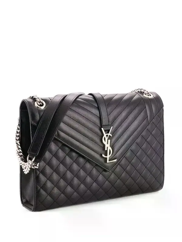 Saint Laurent Classic Monogram Envelope Satchel Mixed Matelasse Leather Large Shoulder Bag - Black