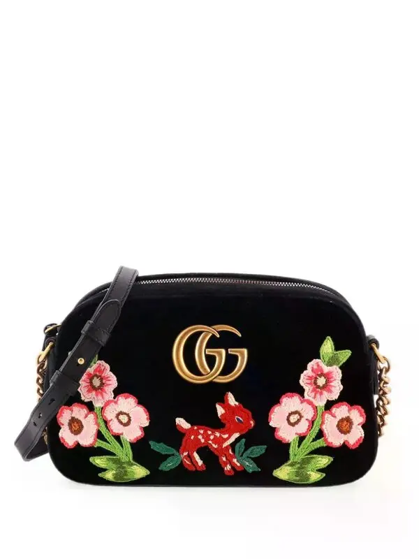 Gucci Gg Marmont Camera Bag Embroidered Matelasse Velvet Small Crossbody Bag - Black