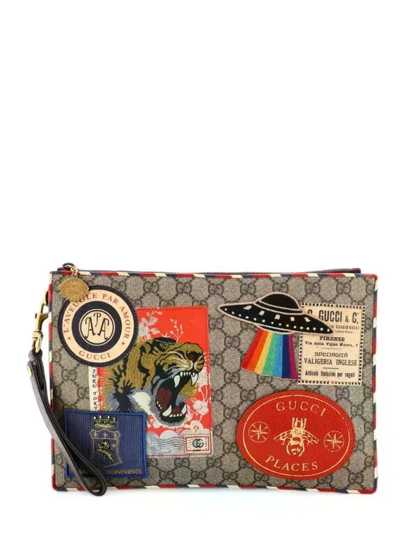 Gucci Courrier Pouch Gg Coated Canvas With Applique Clutch Bag - Brown