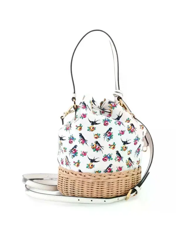 Prada Drawstring Printed Canvas And Wicker Small Bucket Bag