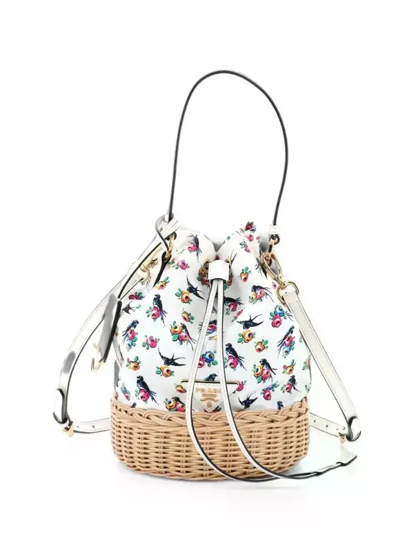 Prada Drawstring Printed Canvas And Wicker Small Bucket Bag