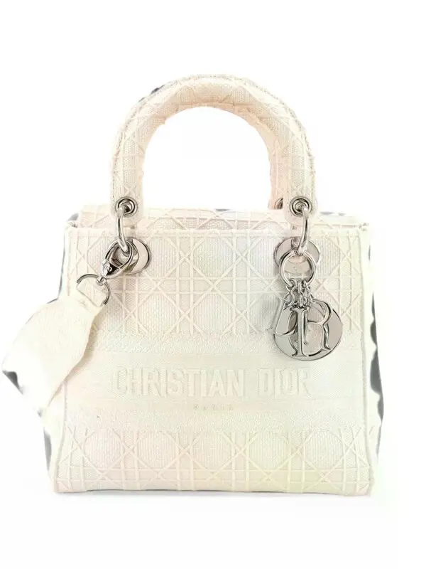 Dior Lady D-lite Bag Cannage Embroidered Canvas Medium Satchel - Neutrals