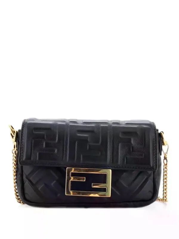 Fendi Baguette Nm Bag Zucca Embossed Leather Mini Crossbody Bag - Black