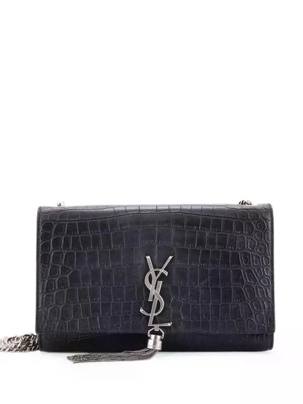 Saint Laurent Classic Monogram Tassel Crocodile Embossed Leather Medium Crossbody Bag - Black