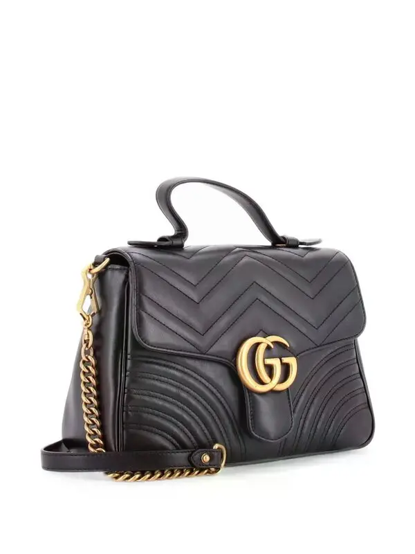 Gucci Gg Marmont Top Handle Flap Bag Matelasse Leather Small Satchel - Black
