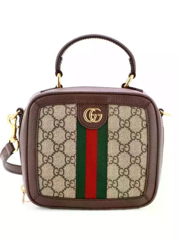 Gucci Ophidia Zip Around Top Handle Bag Gg Coated Canvas With Leather Mini Satchel - Brown