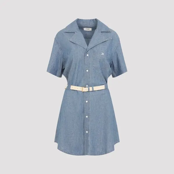 Celine Mini Denim Shirt Dress With Belt - Blue